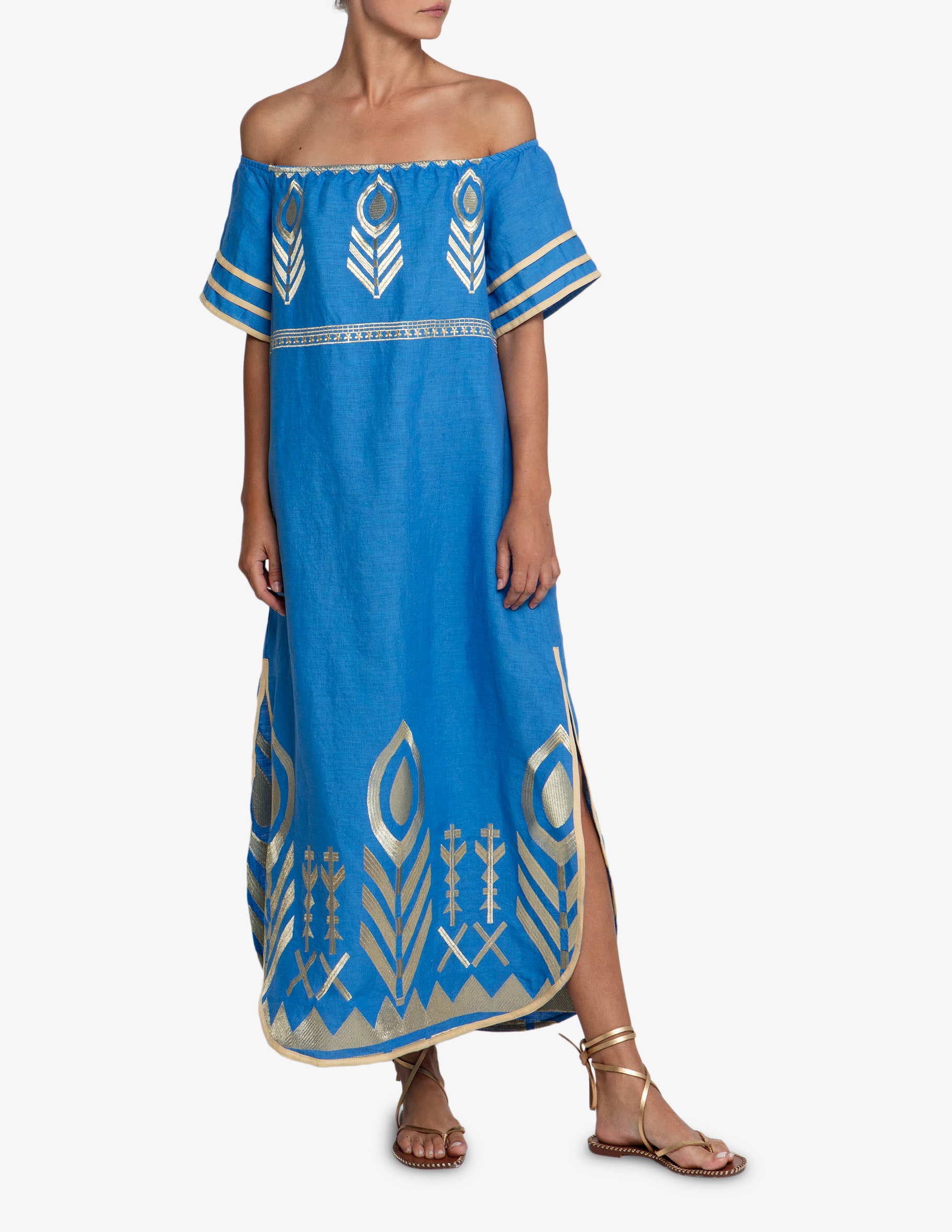 Shop Greek Archaic Kori Off-shoulder embroidered dress on Rinascente
