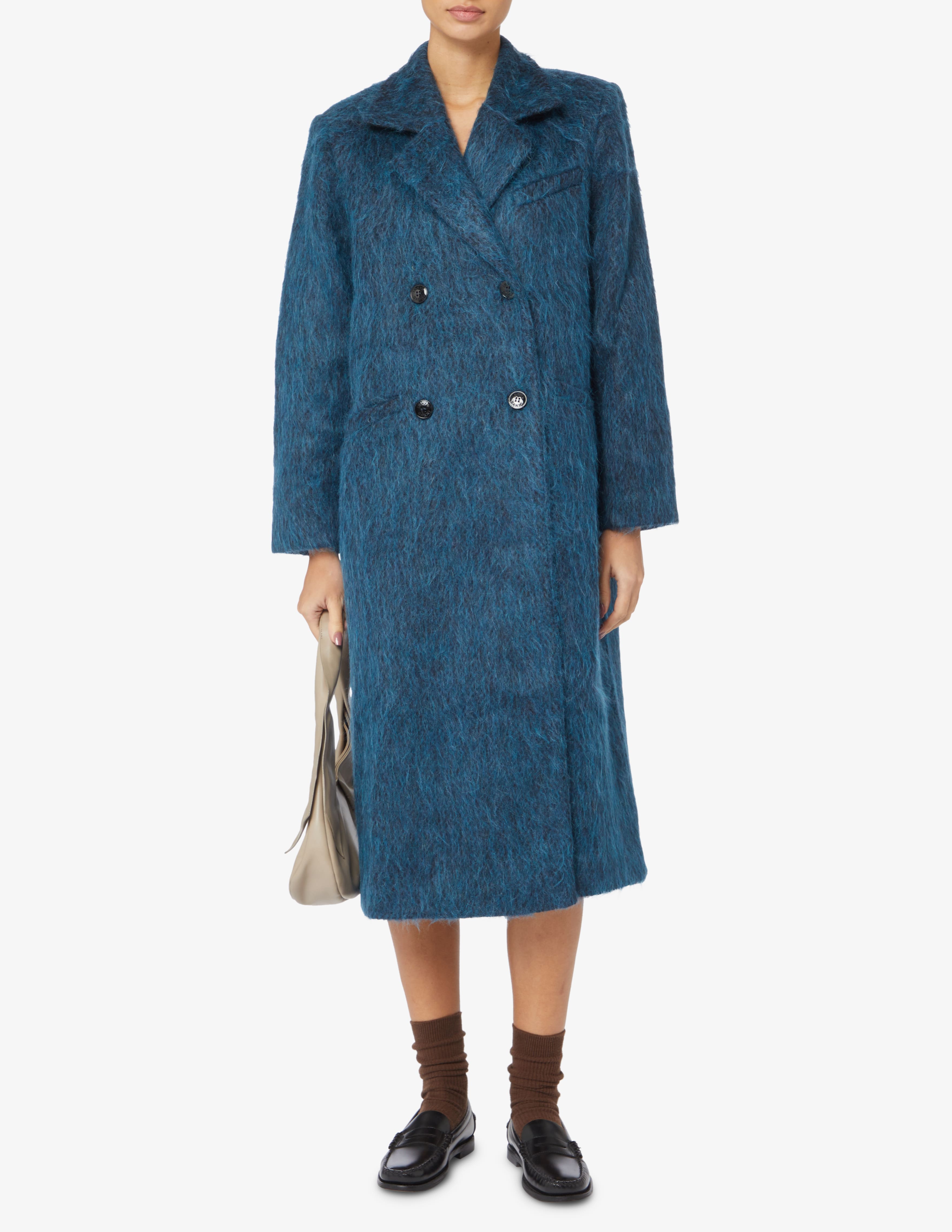 Shop Ganni Fluffy midi coat - Blue on Rinascente