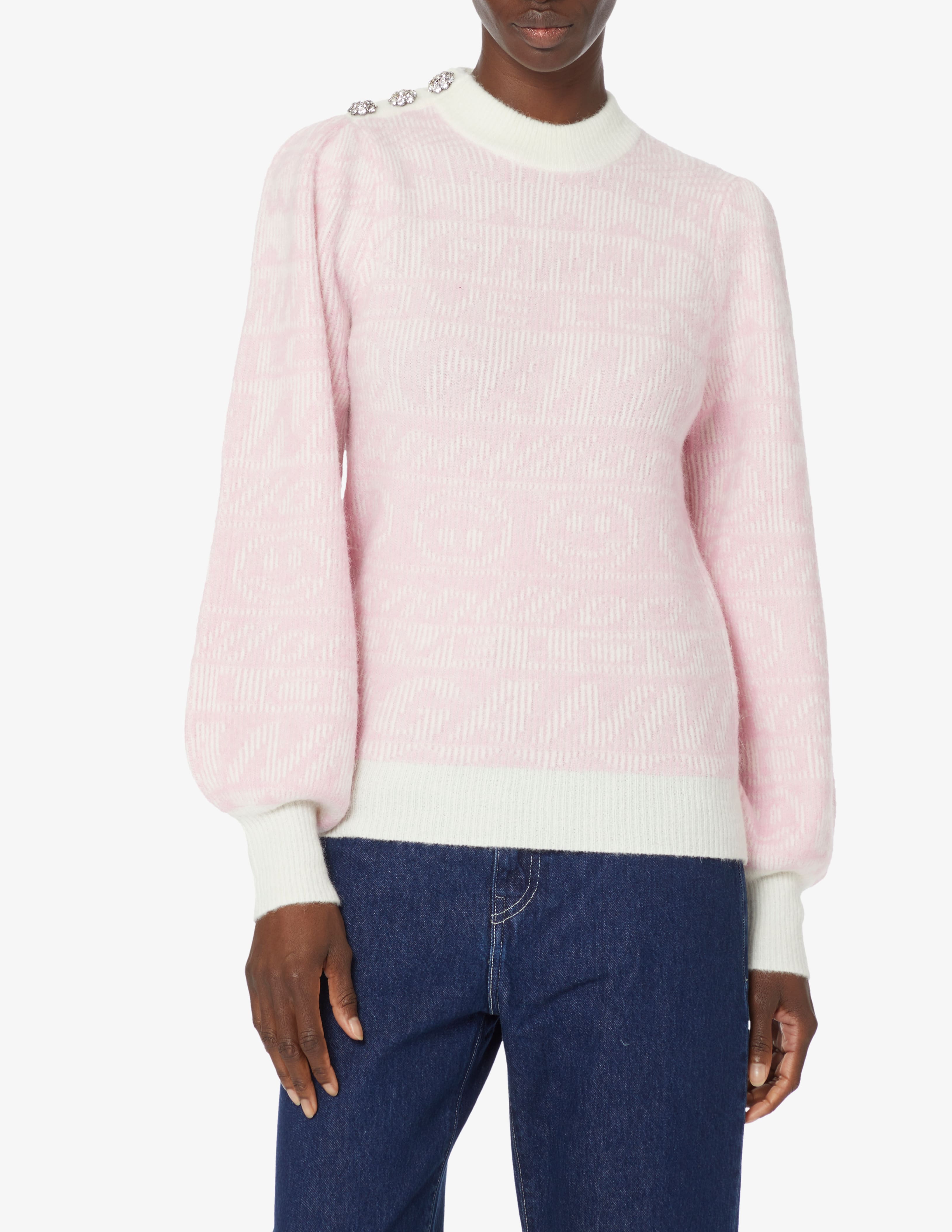 Shop Ganni Crewneck jumper with logo print - Pink on Rinascente