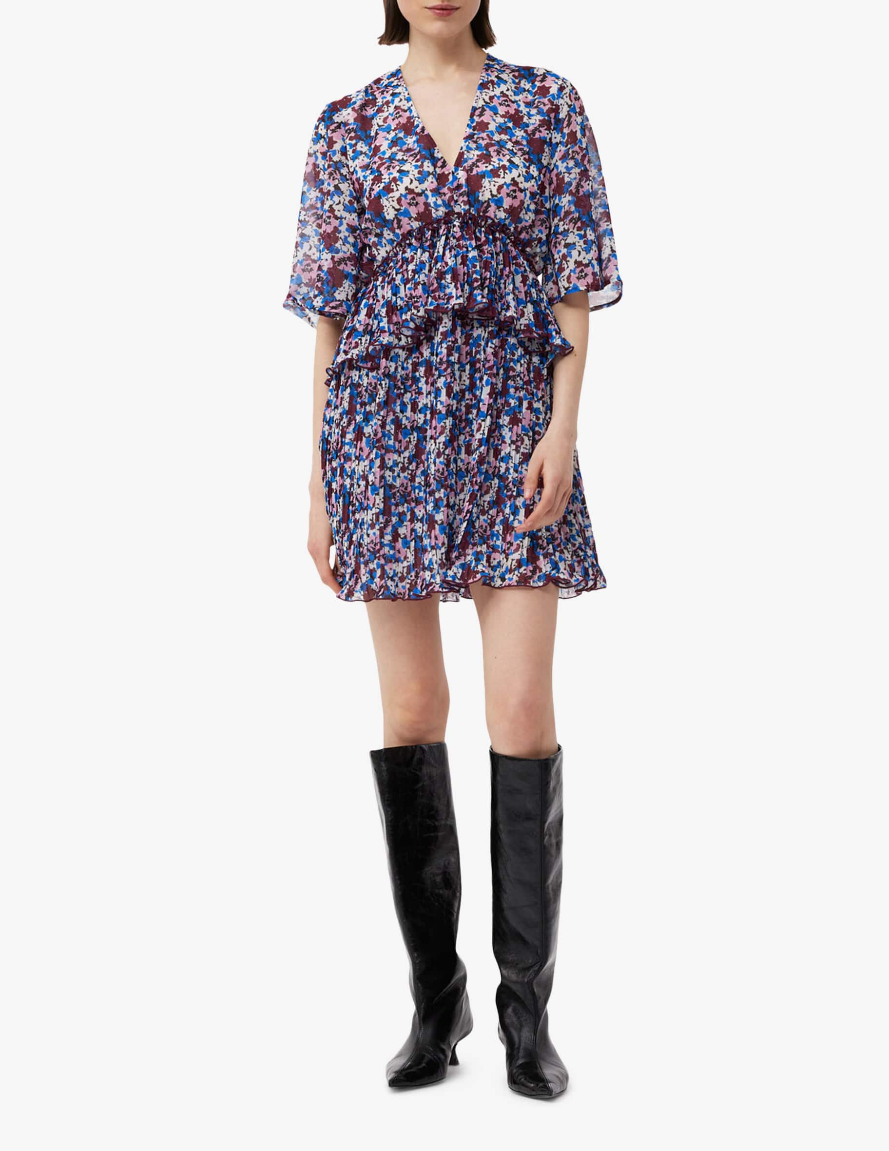 Shop Ganni Pleated v-neck flounce mini dress on Rinascente