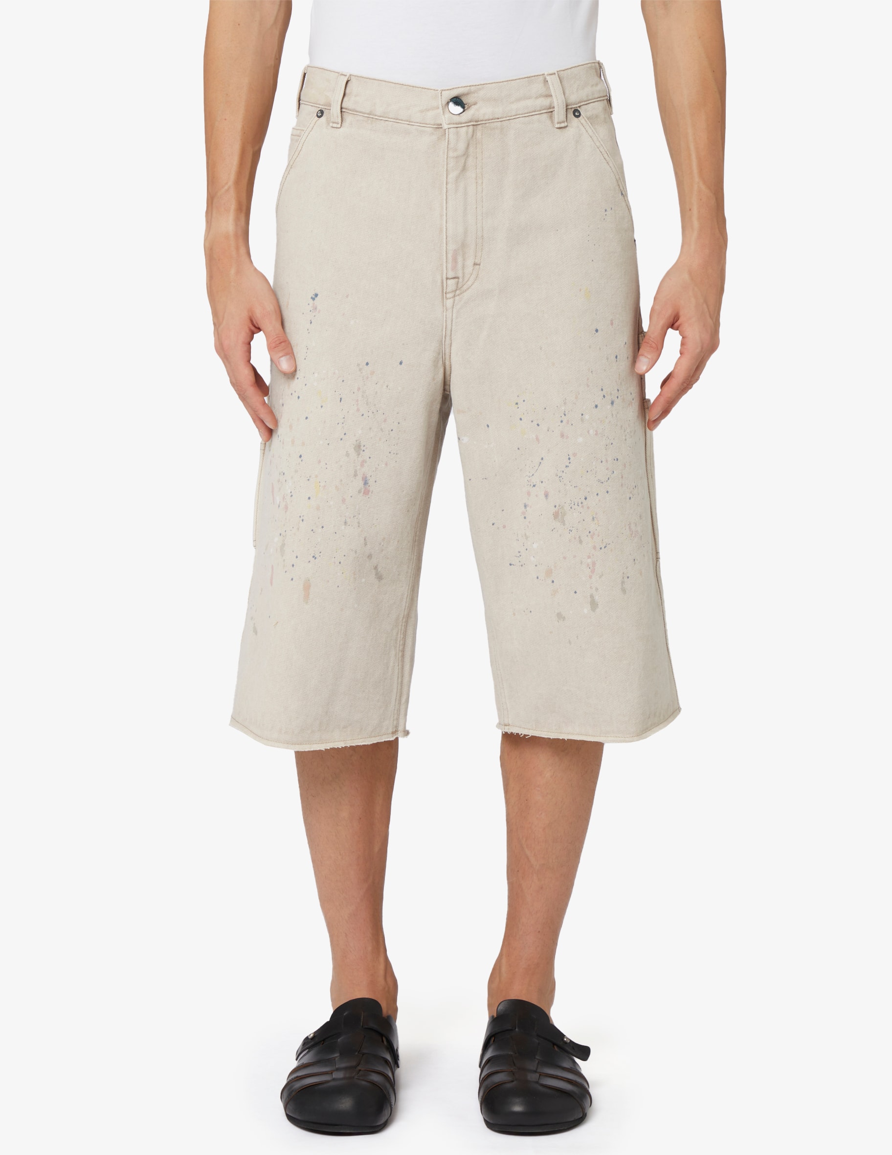 Shop Our Legacy Bermuda denim capri cut splatter on Rinascente