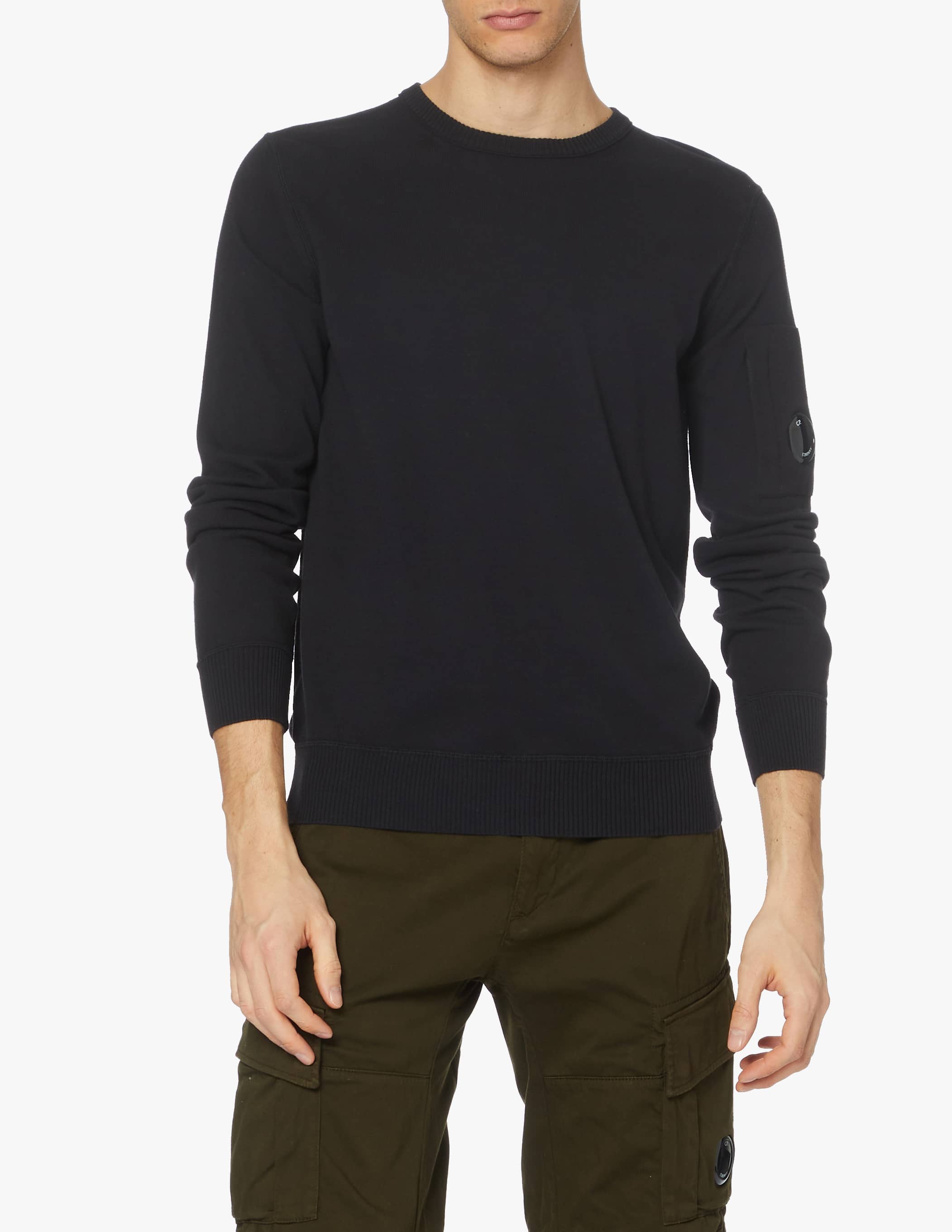 Shop Cp Company Crepe lens cotton roundneck sweater - black on Rinascente