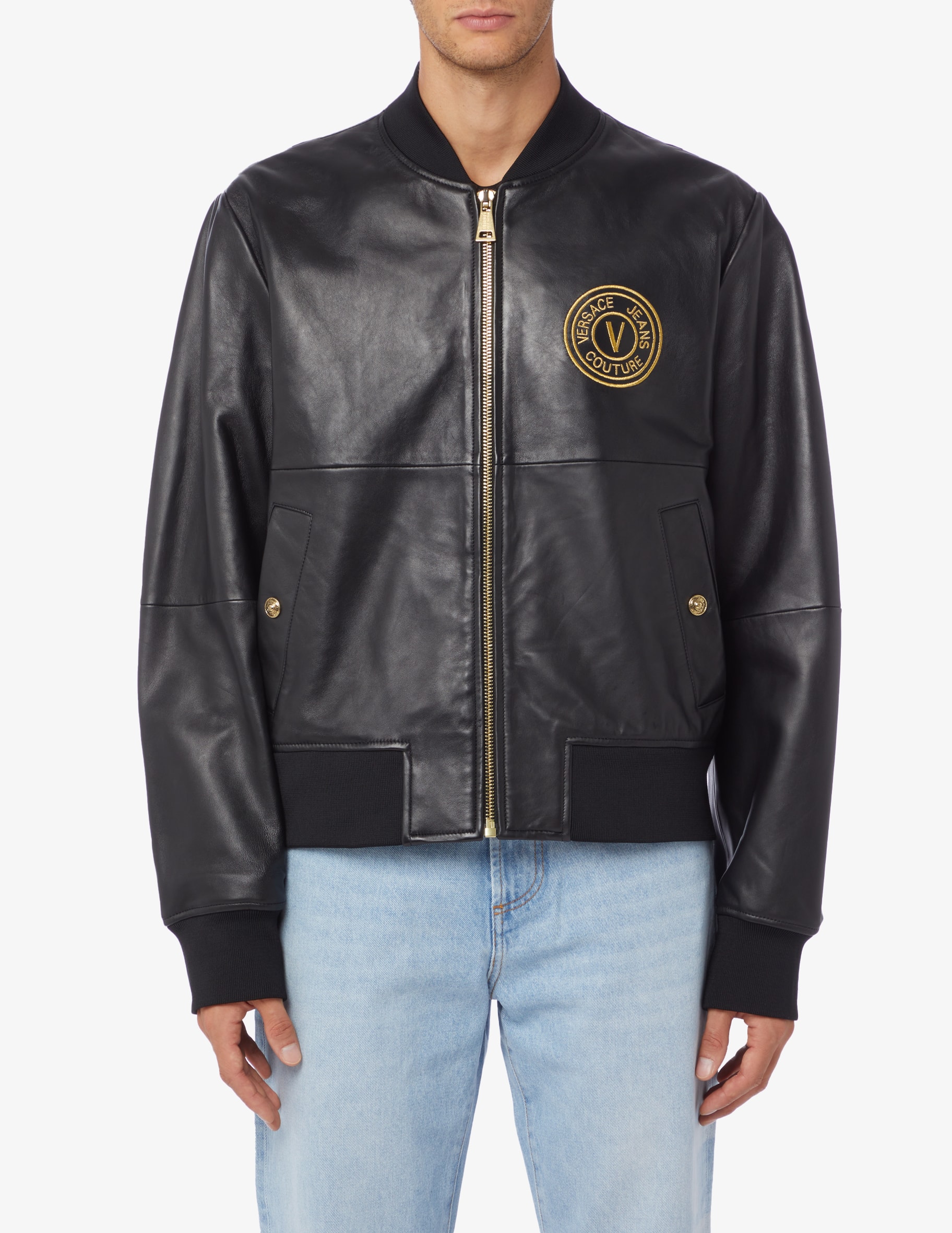Shop Versace Jeans Couture V emblem leather jacket on Rinascente