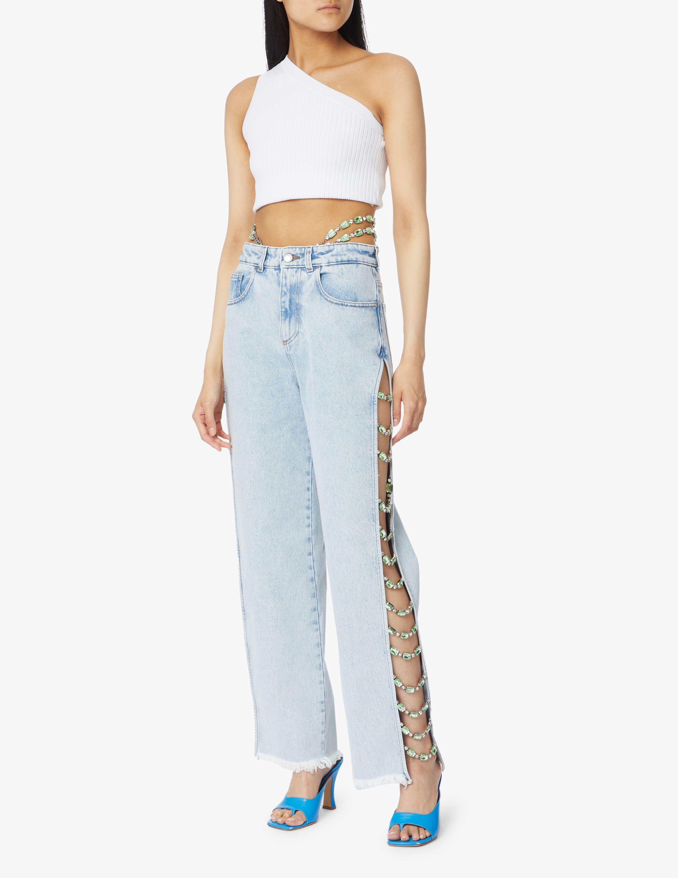 Shop GCDS Crystal high rise jeans - light blue on Rinascente