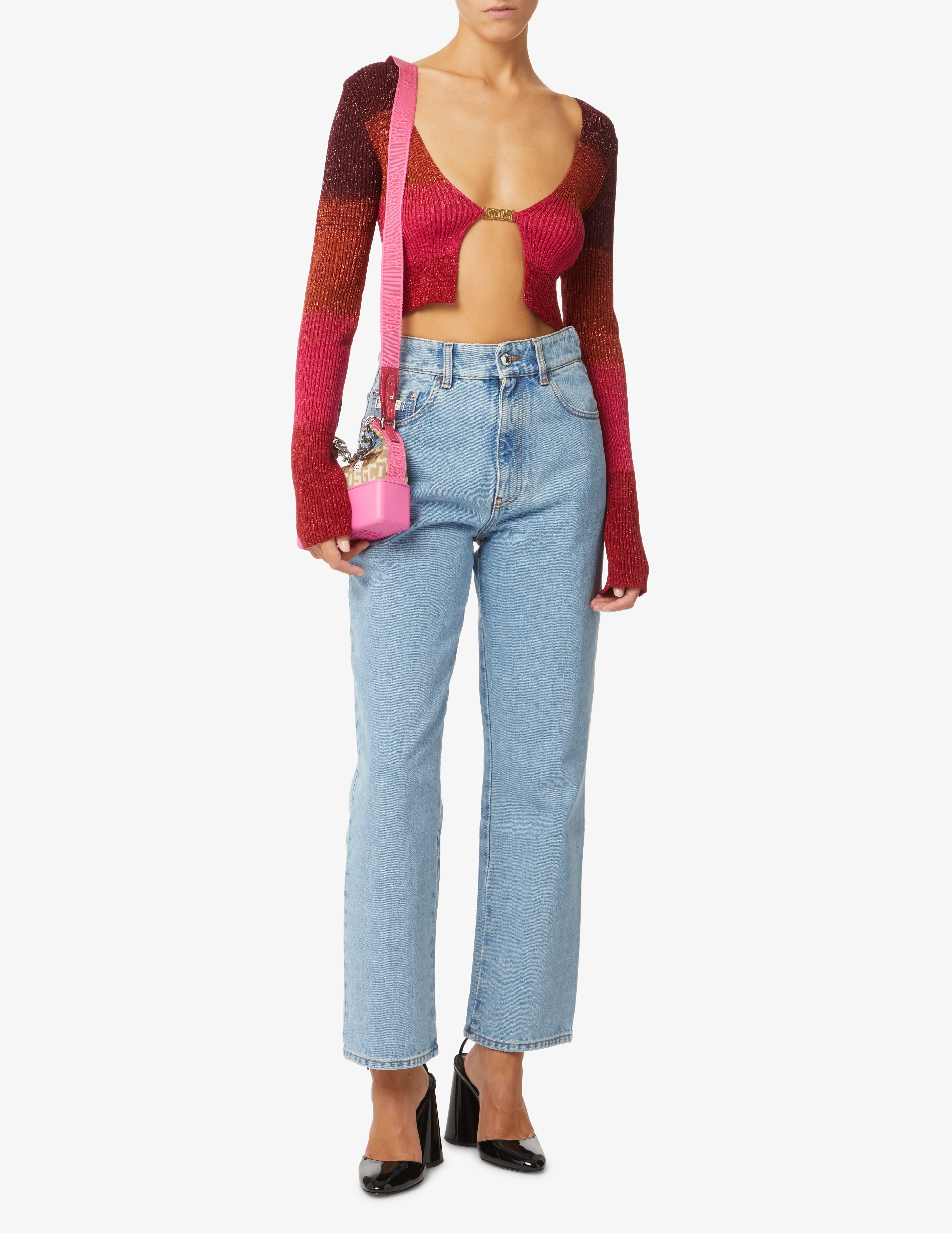 Shop GCDS Straight jeans with crystal logo - Light blue on Rinascente
