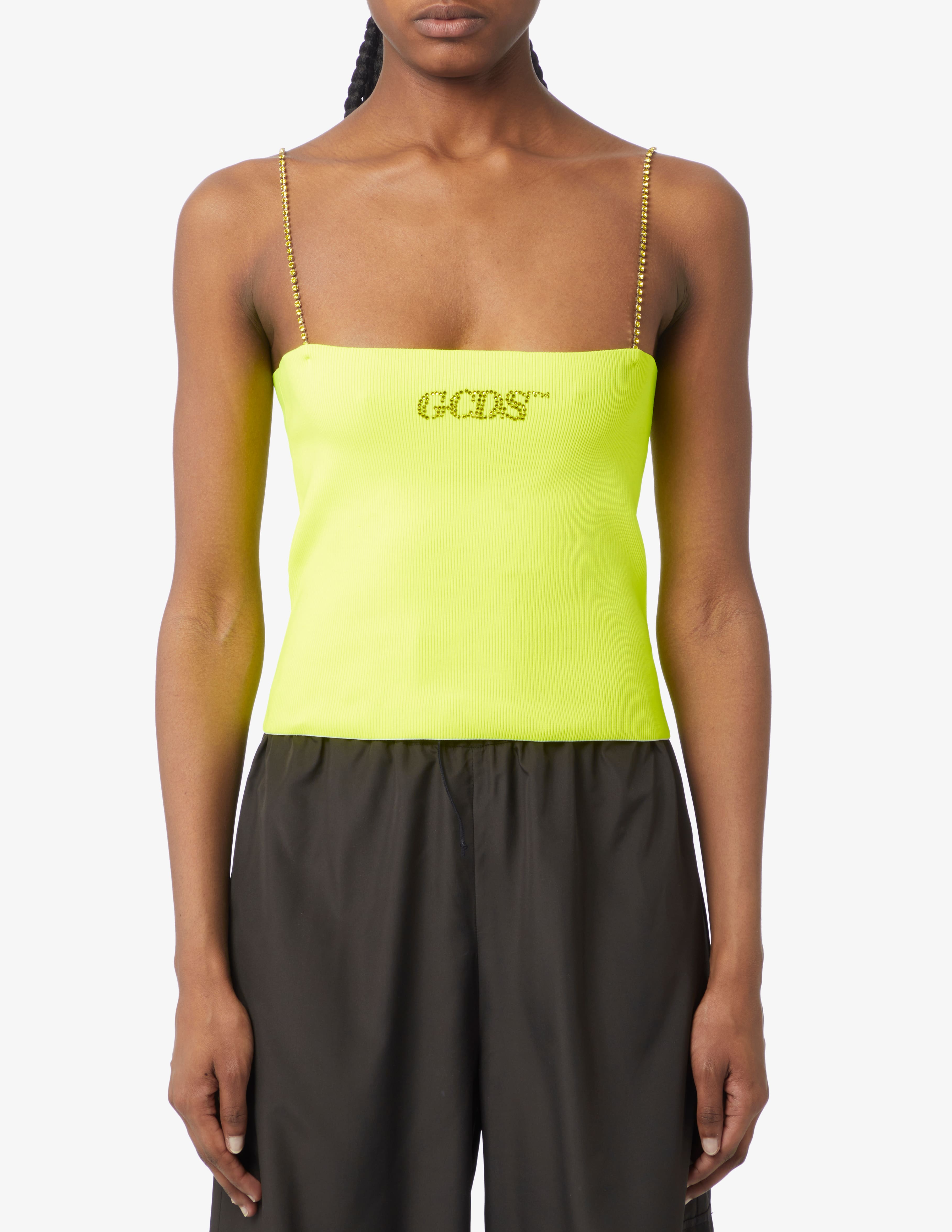 Shop GCDS Crop top fluo crystal shoulder strap on Rinascente